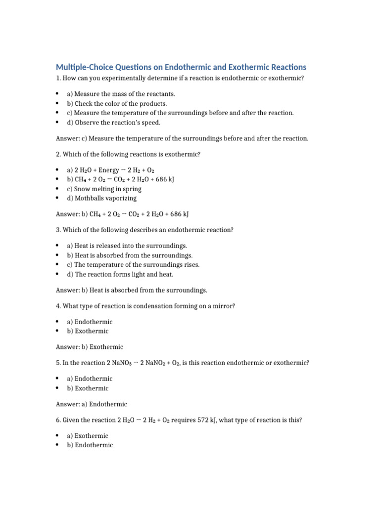 Exothermic vs. Endothermic Reactions Quiz | PDF | Chemical Reactions ...