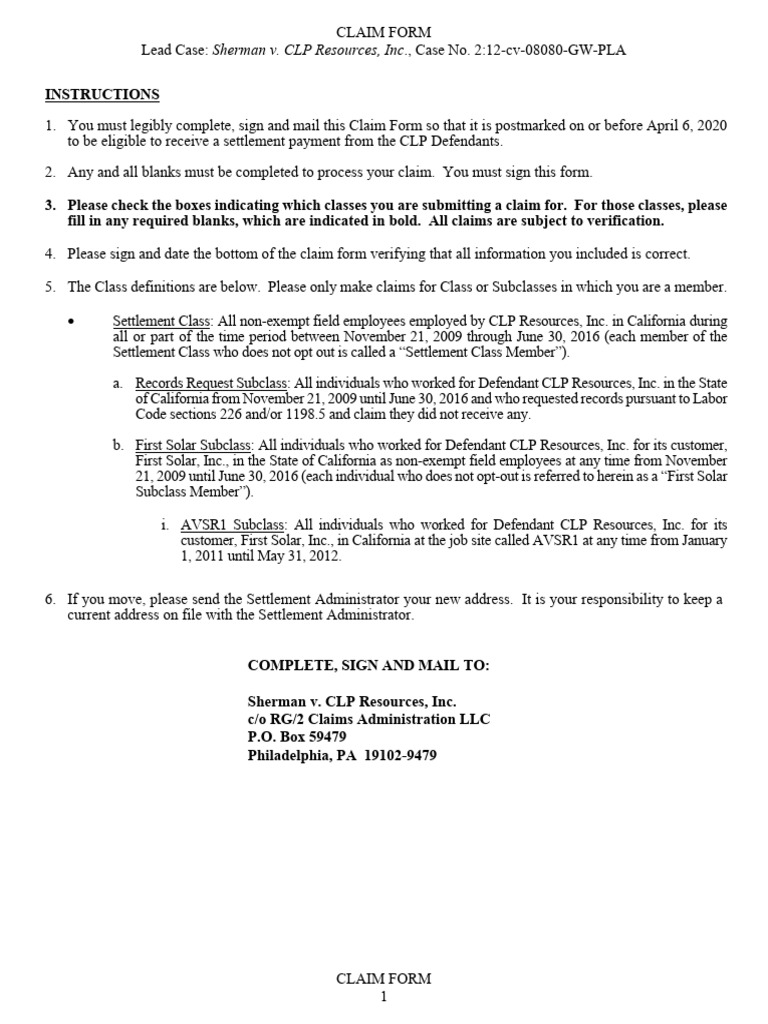 CLP ClassClaimForm FINAL | PDF