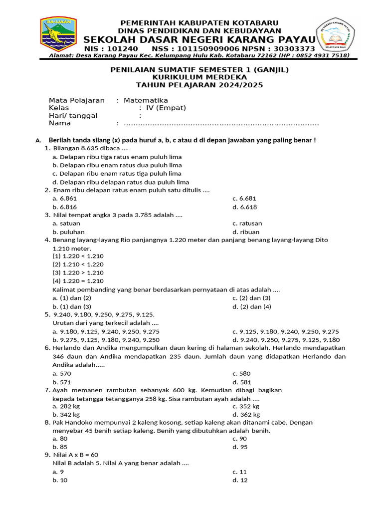 Soal Saja PTS STS Matematika Kelas 4 Semester 1 Kurikulum Merdeka T A 2023 2024 | PDF