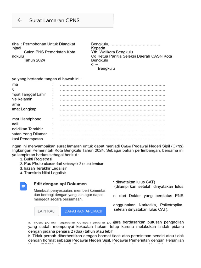 Surat Lamaran CPNS | PDF