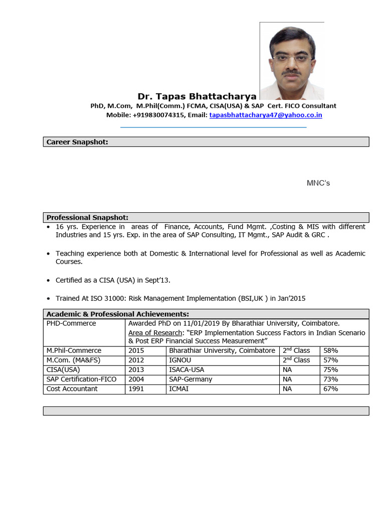 Resume - DR - Tapas Bhattacharya | PDF | Enterprise Resource Planning | Business