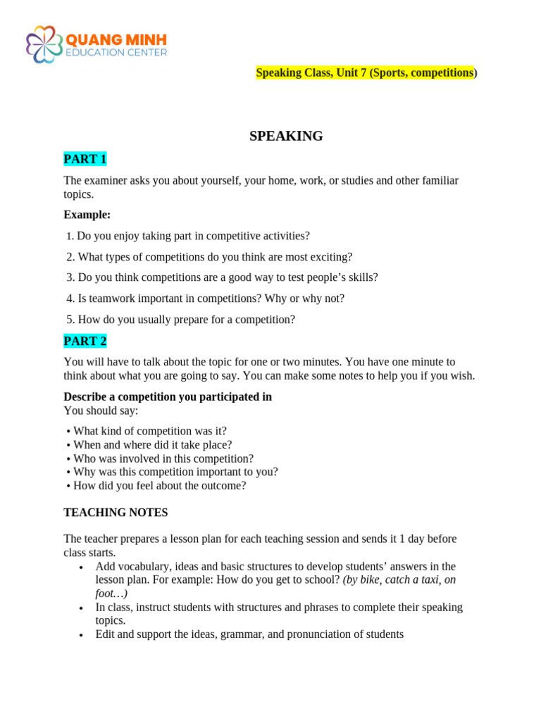 Speaking Class Unit 7 (Sport, Competitions) | PDF