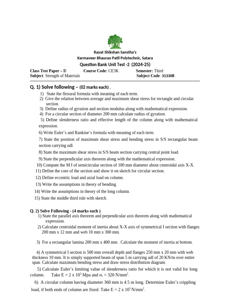 Strength of Materials Test Paper 2024-25 | PDF | Bending | Beam (Structure)