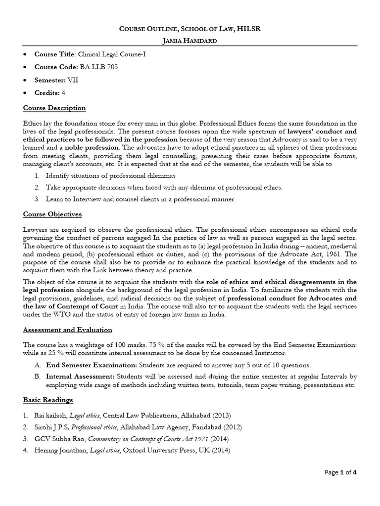 Legal Ethics Course Overview | PDF | Advocate | Professional Ethics