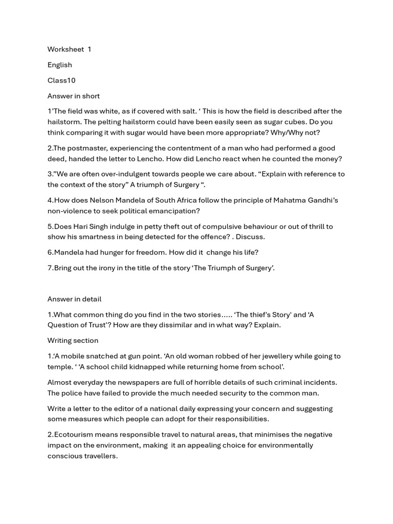 English Worksheet Class-10 | PDF