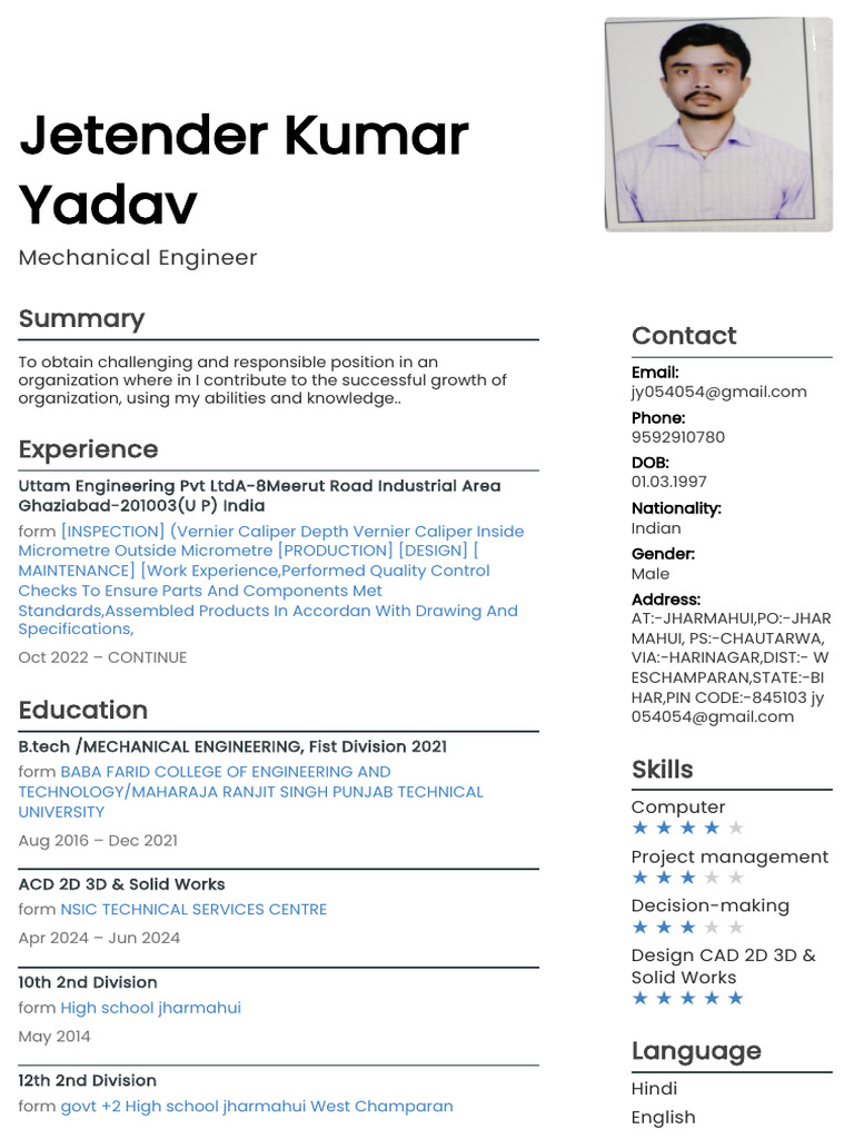 Jetender Kumar Resume 373 | PDF | Vehicles