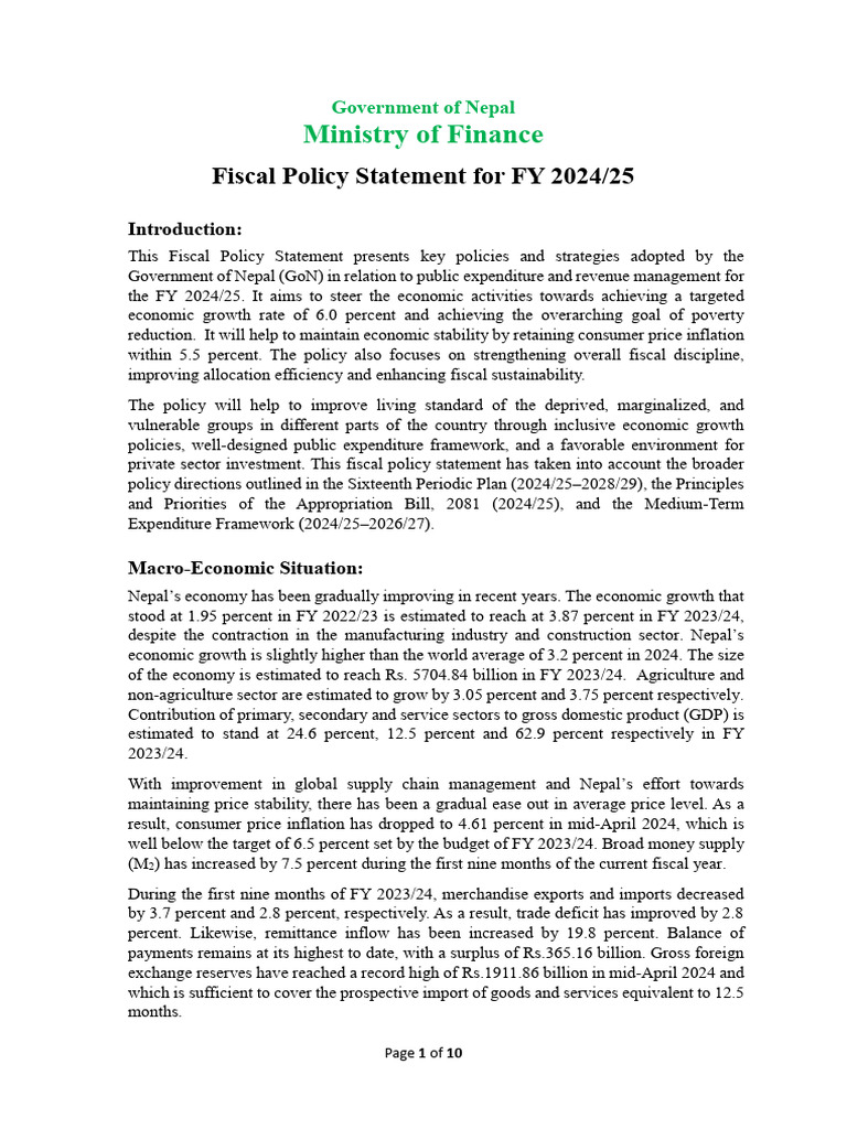 Nepal Fiscal Policy Statement FY 2024/25 | PDF | Fiscal Policy ...