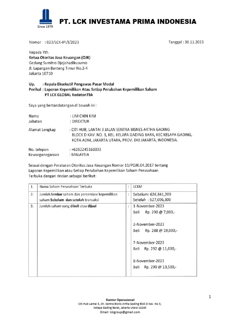 KOP PT. LCK Investama Prima Indonesia | PDF