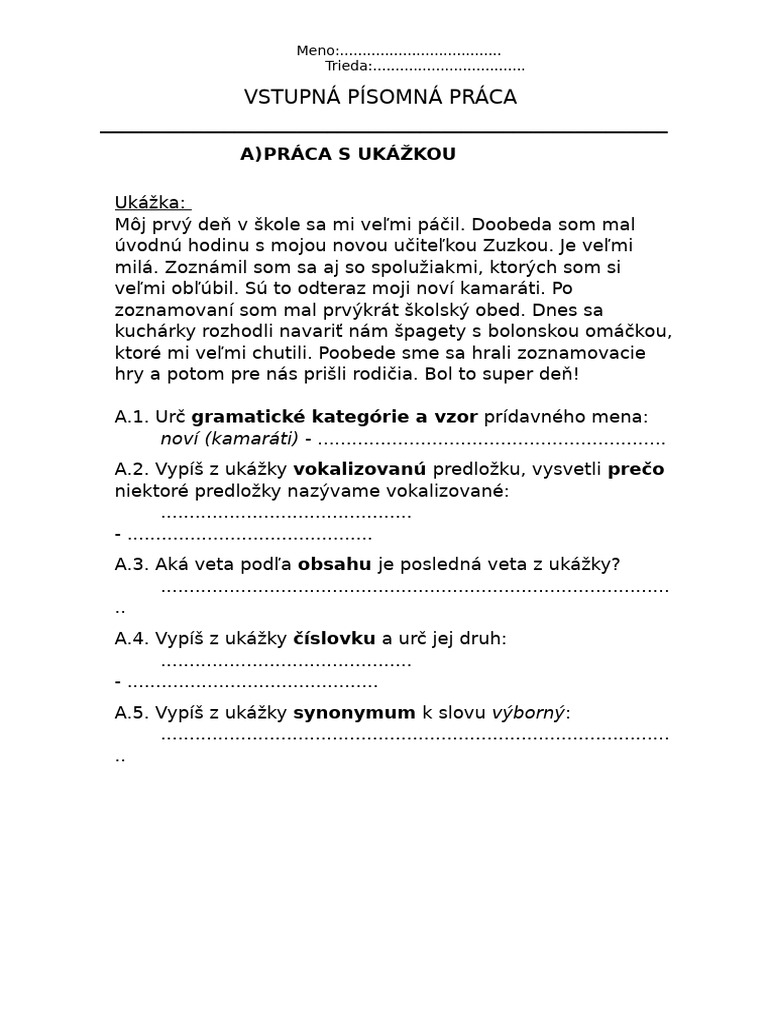 Vstupna Pisomna Praca - 7. Rocnik Slovencina | PDF