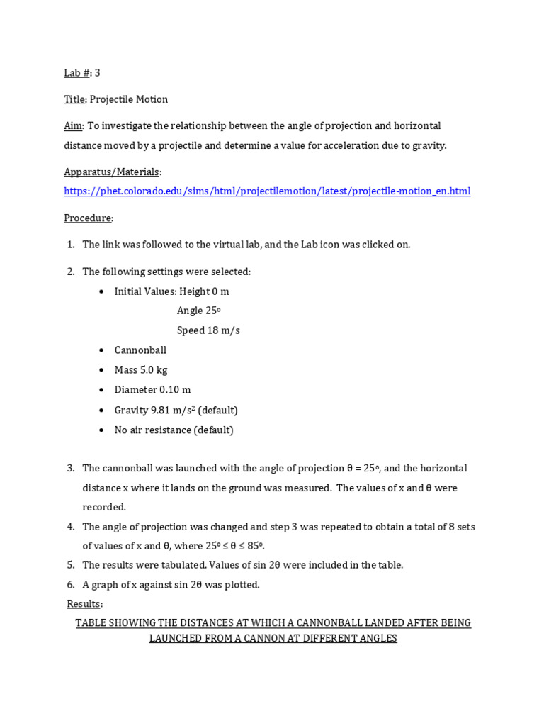 Physics Lab #3 Projectile Motion | PDF | Motion (Physics) | Physical Quantities