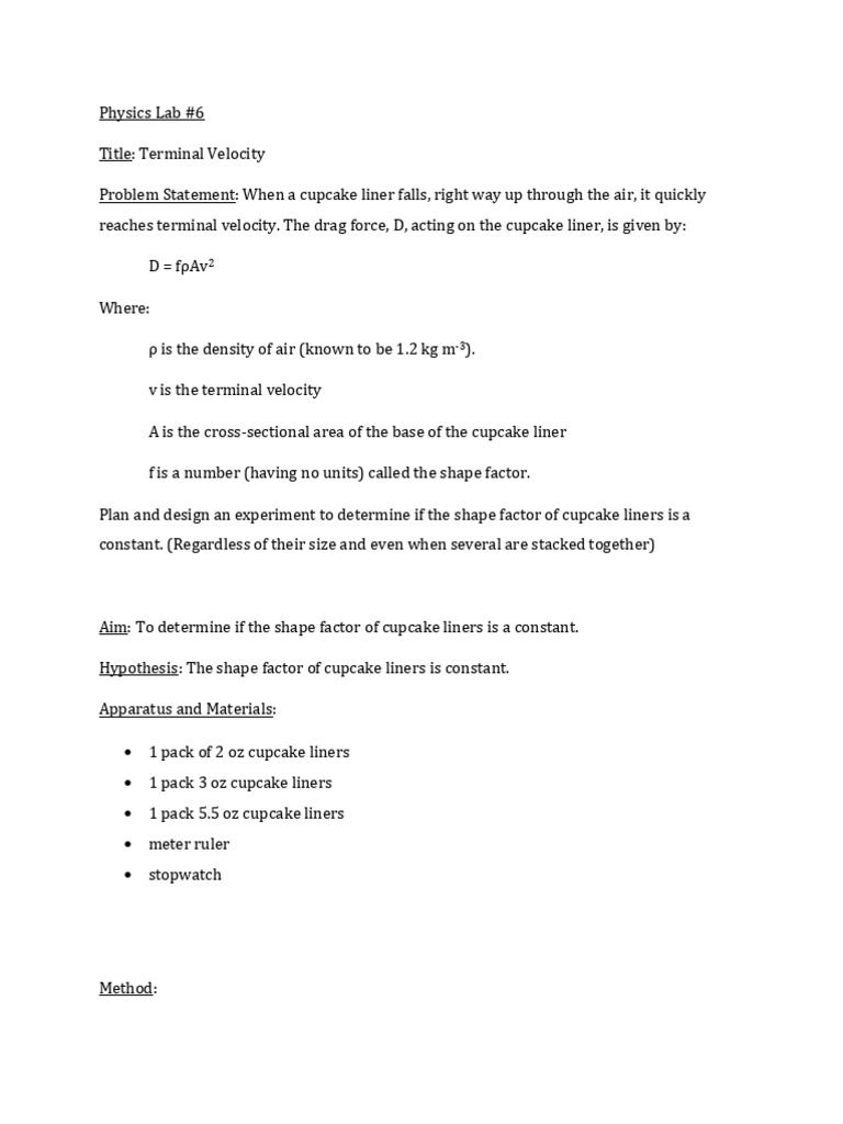 Physics Lab #6 Terminal Velocity PD | PDF | Drag (Physics) | Force