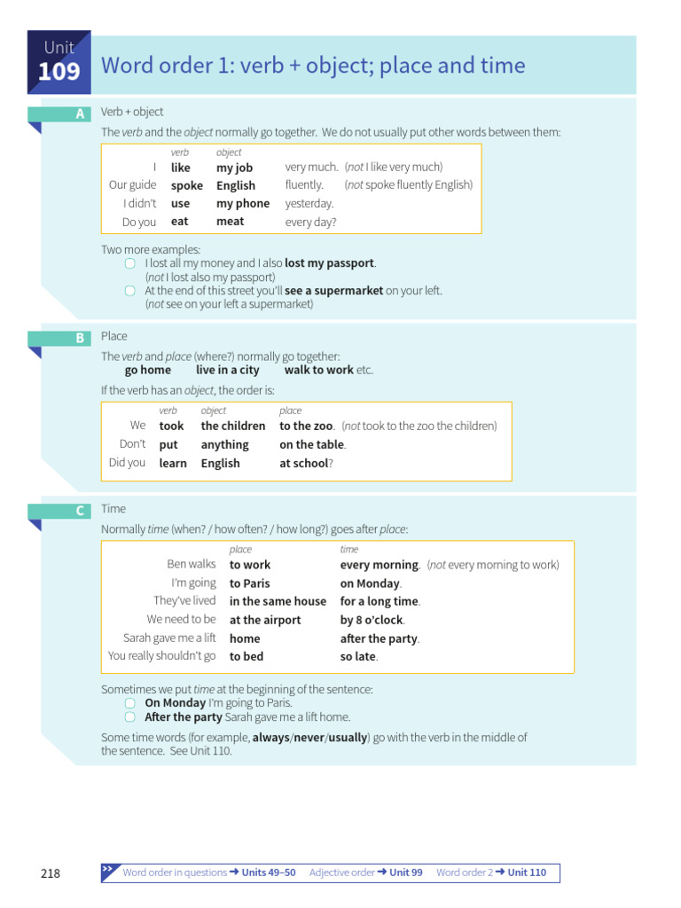 English Grammar: Word Order Unit 109 | PDF | Object (Grammar) | Verb