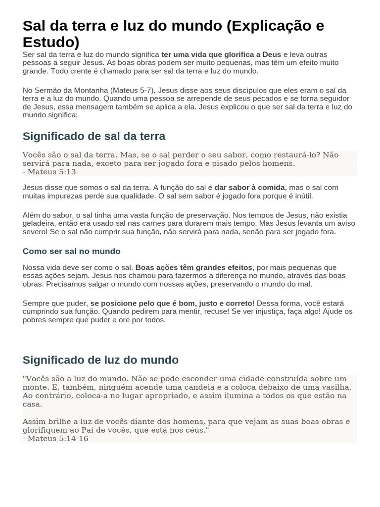 Ser Sal e Luz no Mundo | PDF | Jesus | Sermão no Monte