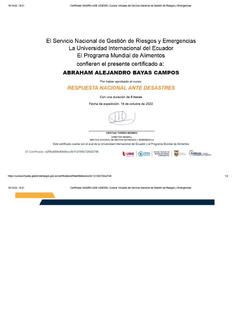Certificado SNGRE-UIDE UIDE005 - Cursos Virtuales Del Servicio Nacional ...