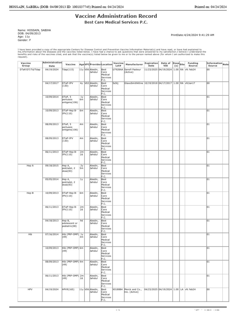Immunization Record for Sabiha Hossain | PDF | Medical Specialties ...