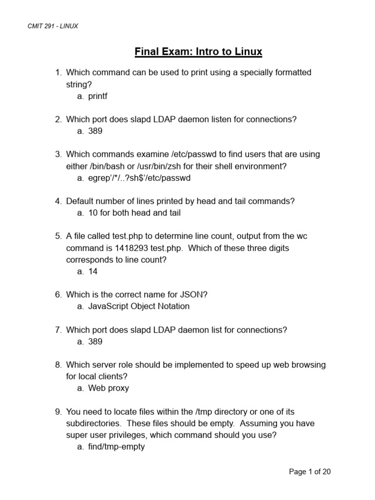 CMIT 291 - LINUX Final Exam | PDF | Computer File | File System