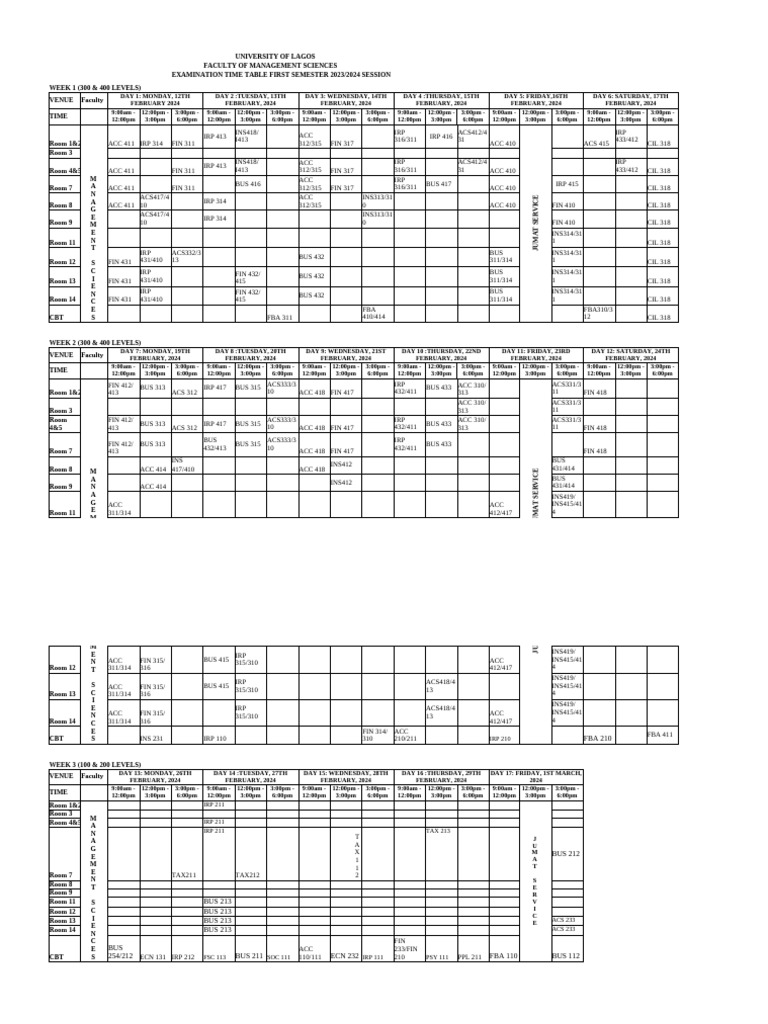 FMS Exam Timetable 2023/2024 | PDF