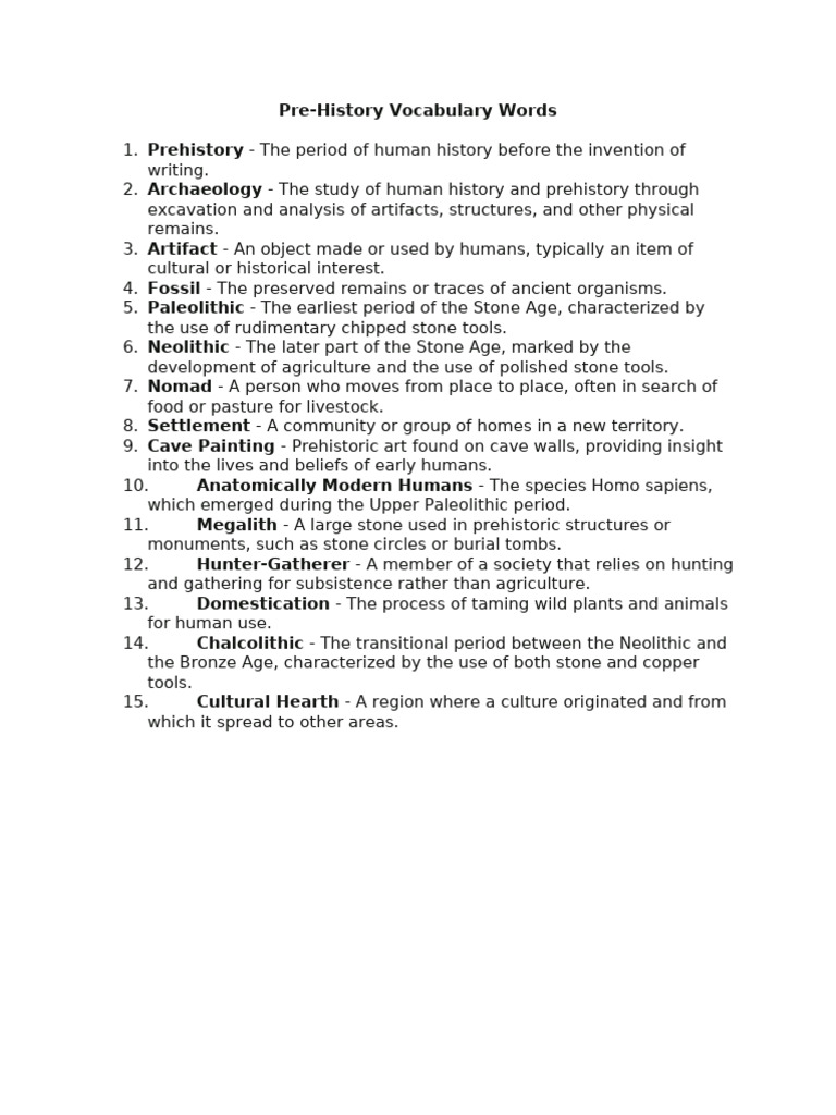 Pre History Vocabulary Words | PDF
