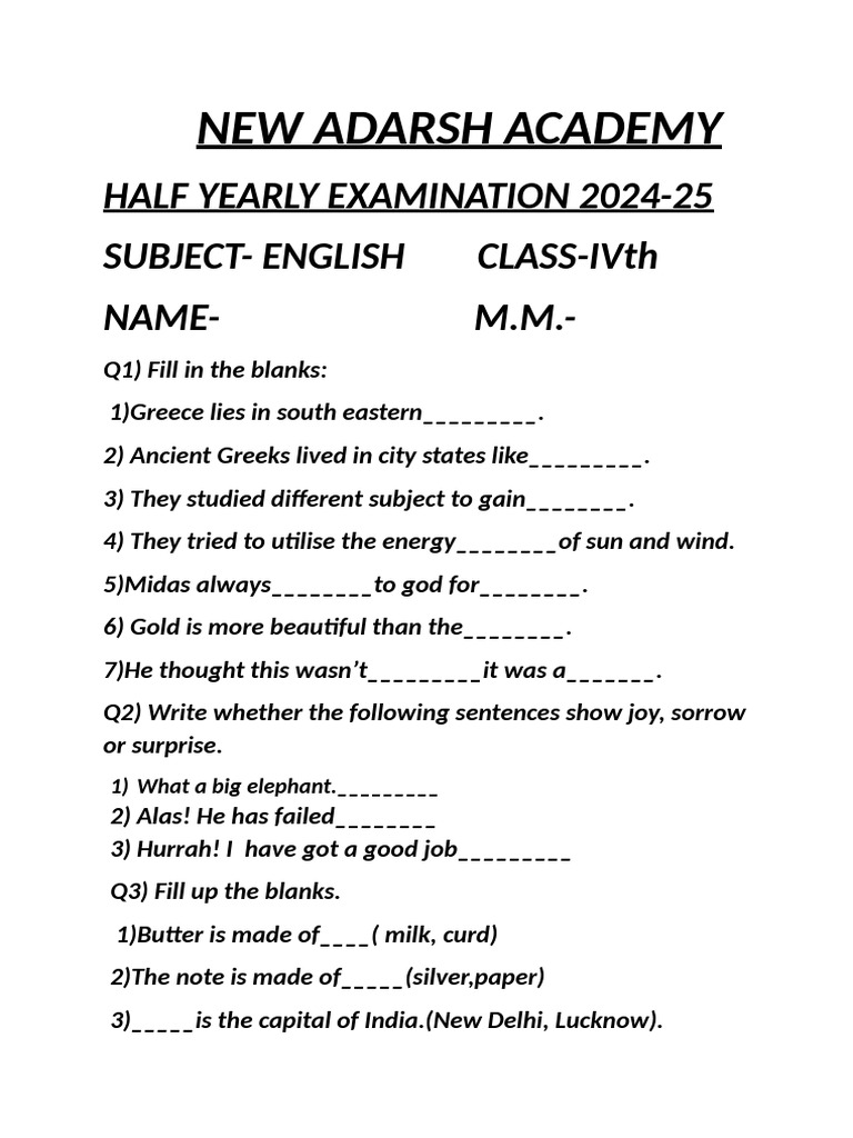 Class IV English Exam Paper 4 | PDF