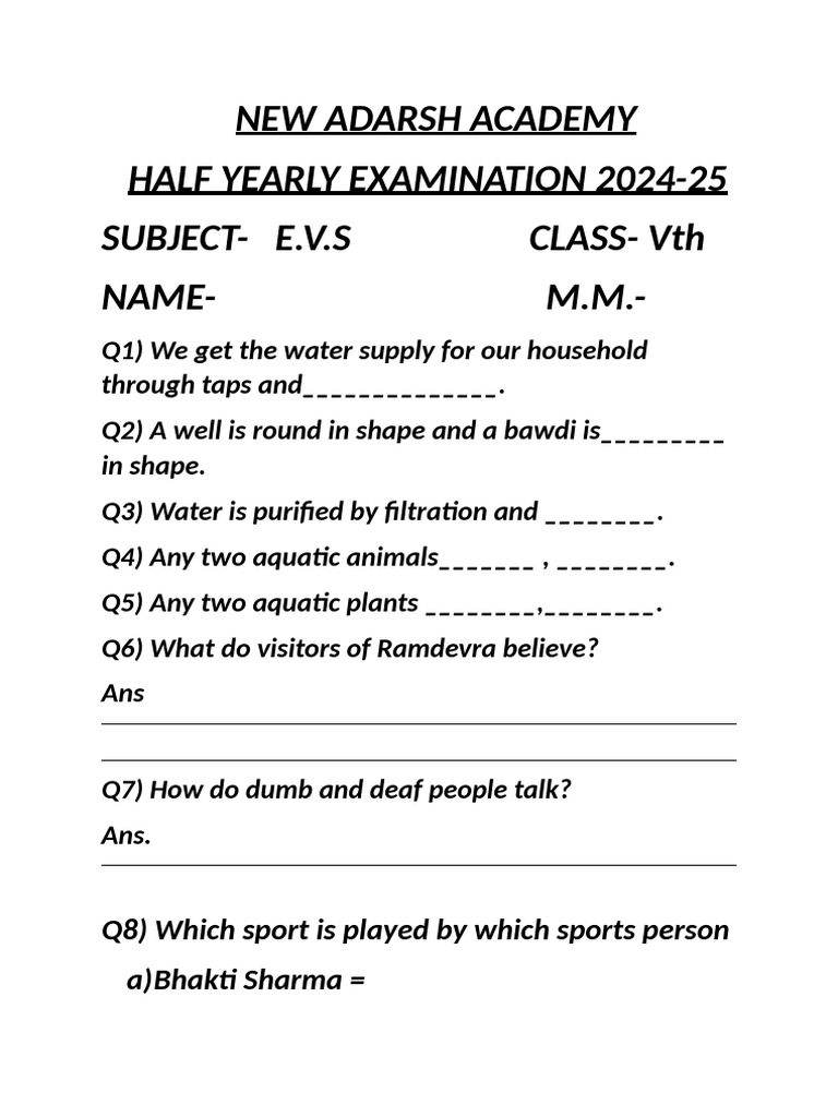 Class 5 EVS Exam Paper V | PDF