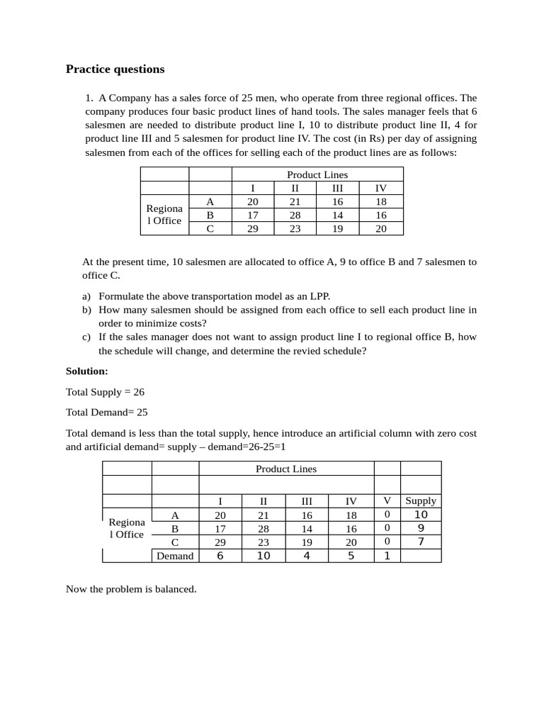 Practice Questions - Transportaion and Assignment Model | PDF | Sales ...