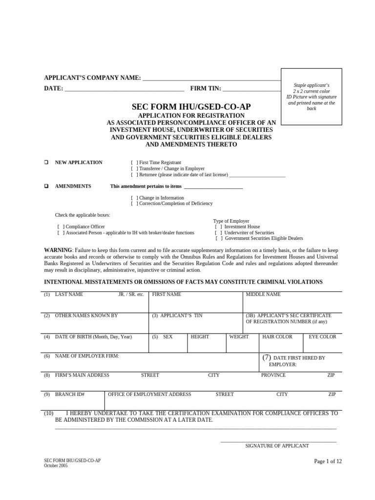 Application for Compliance Officer Registration | PDF | Securities ...
