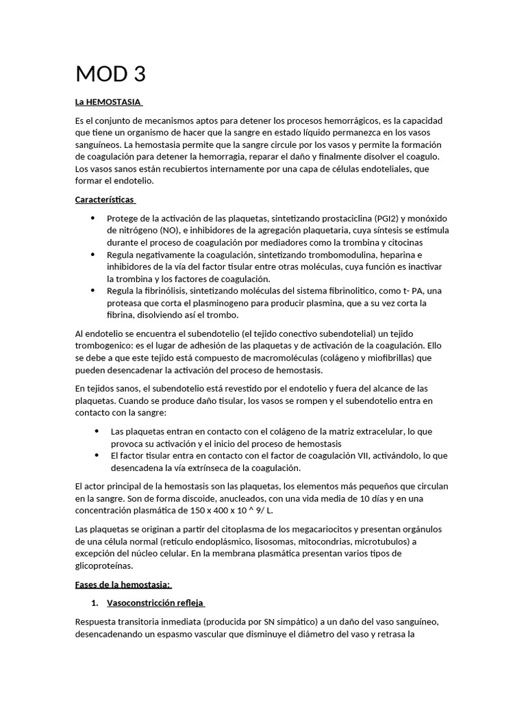Resumen MOD 3 | PDF | Hemostasia | Coagulación