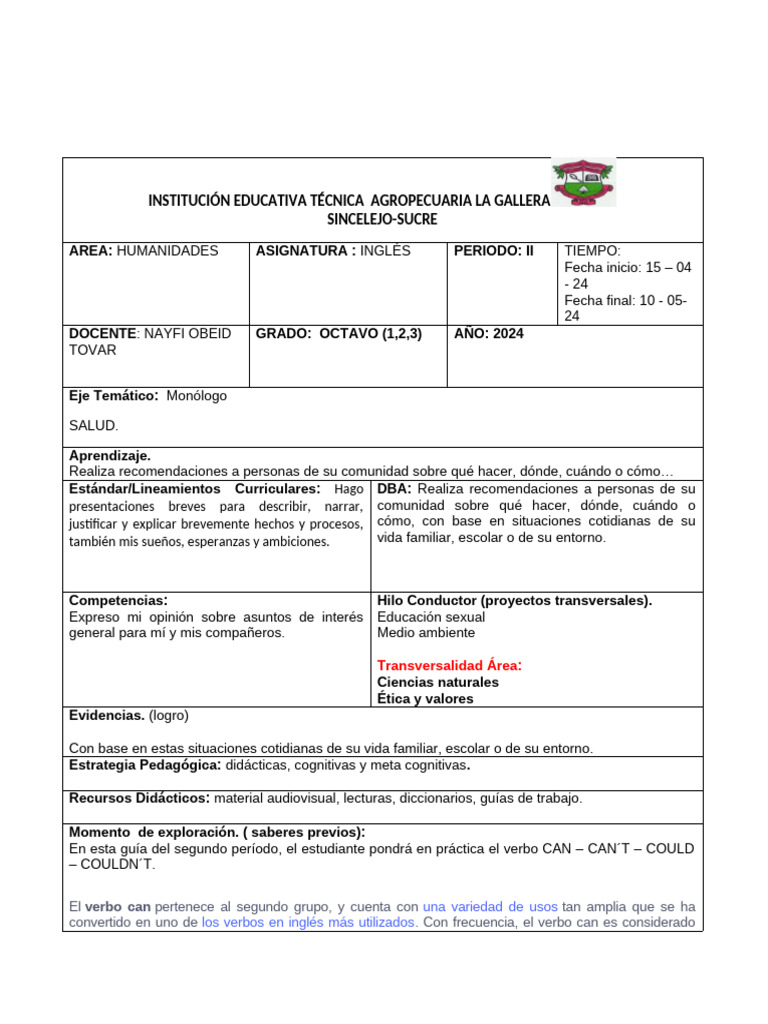 Plan de Clases #1 Octavo Grado Ii Periodo 2023 | PDF | Verbo | Lingüística