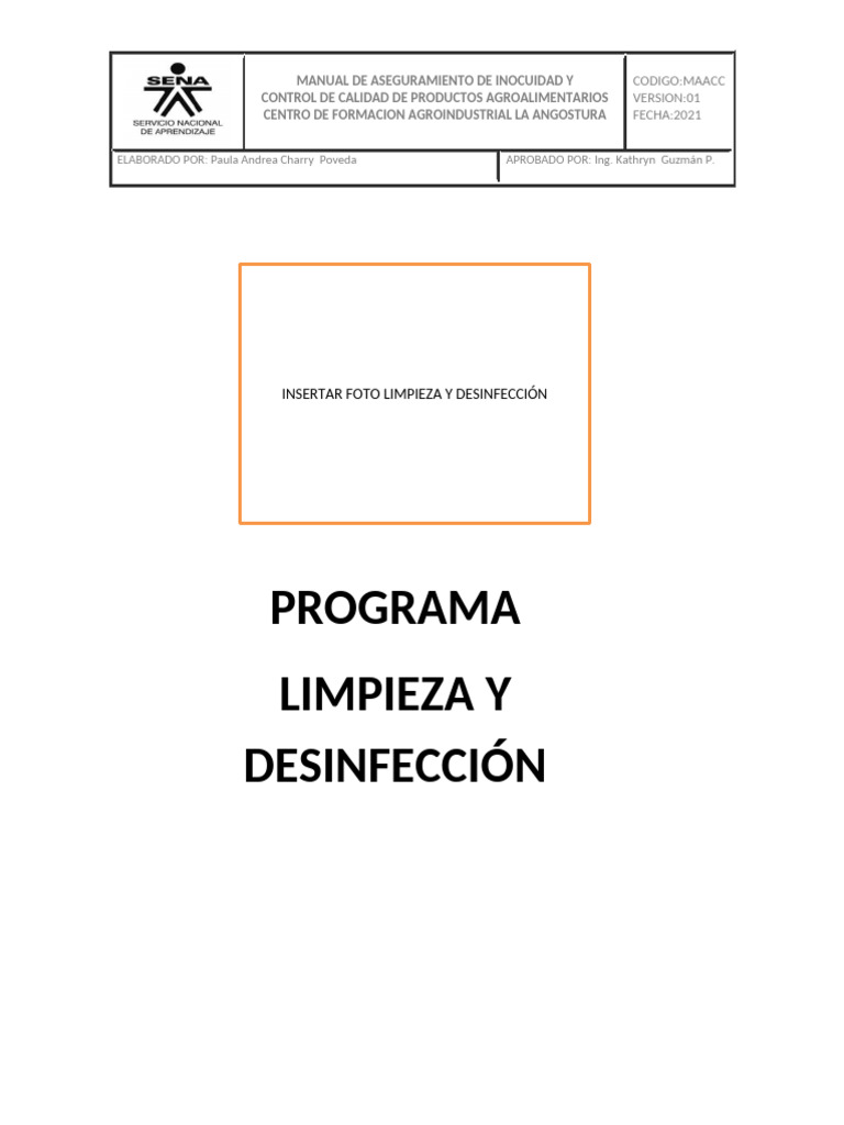 Programa Limpieza y Desinfección 2024 | PDF | Seguridad alimenticia | Alimentos