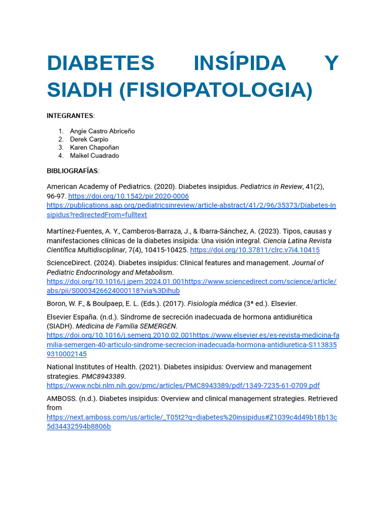Diabetes Insípida Y Siadh Fisiopatologia Pdf