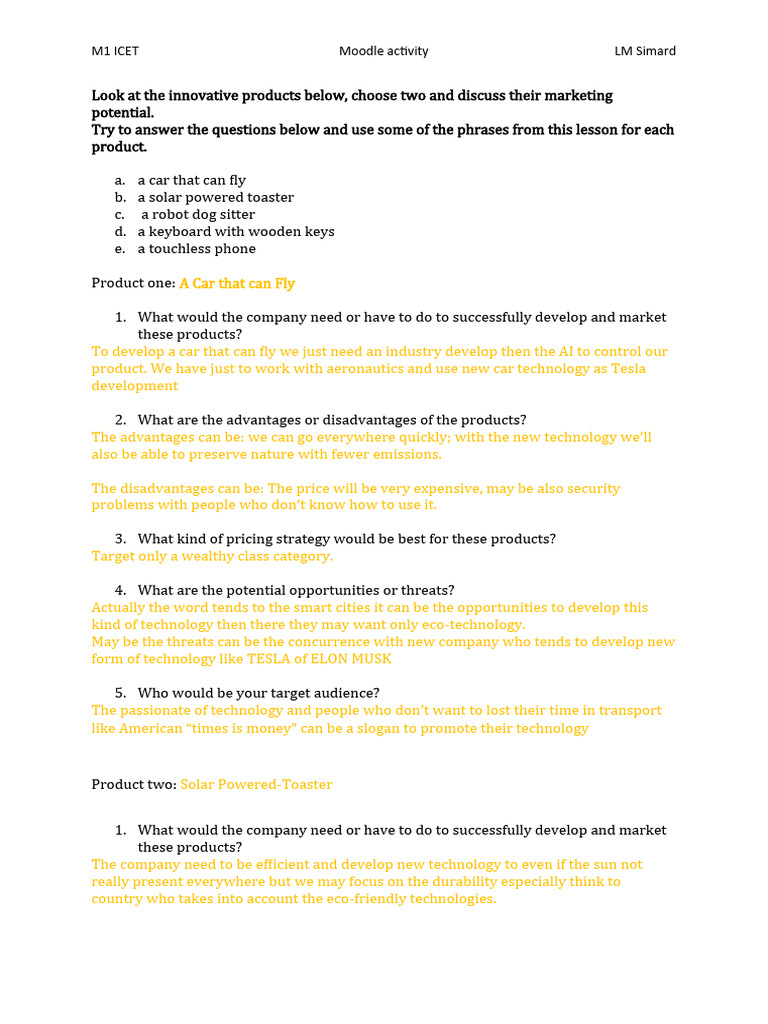 Moodle Activity Class 2 S1 - Innovative Products | PDF