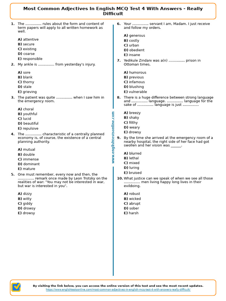 Difficult MCQ Test on Common Adjectives | PDF