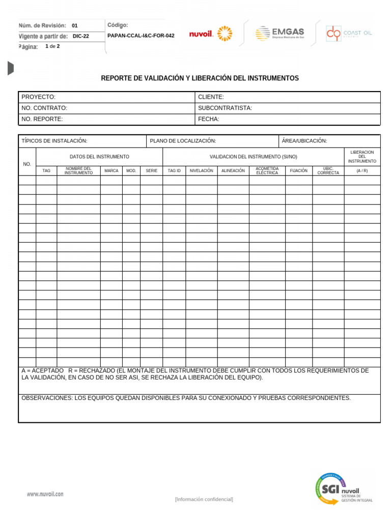Papan-Ccal-I&c-For-042 Reporte de Validación y Liberación Del Instrumentos R1 | PDF