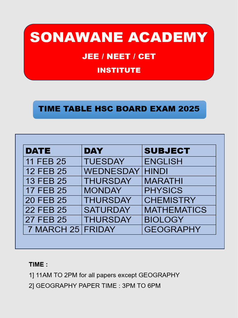 HSC Board Time Table 25 | PDF