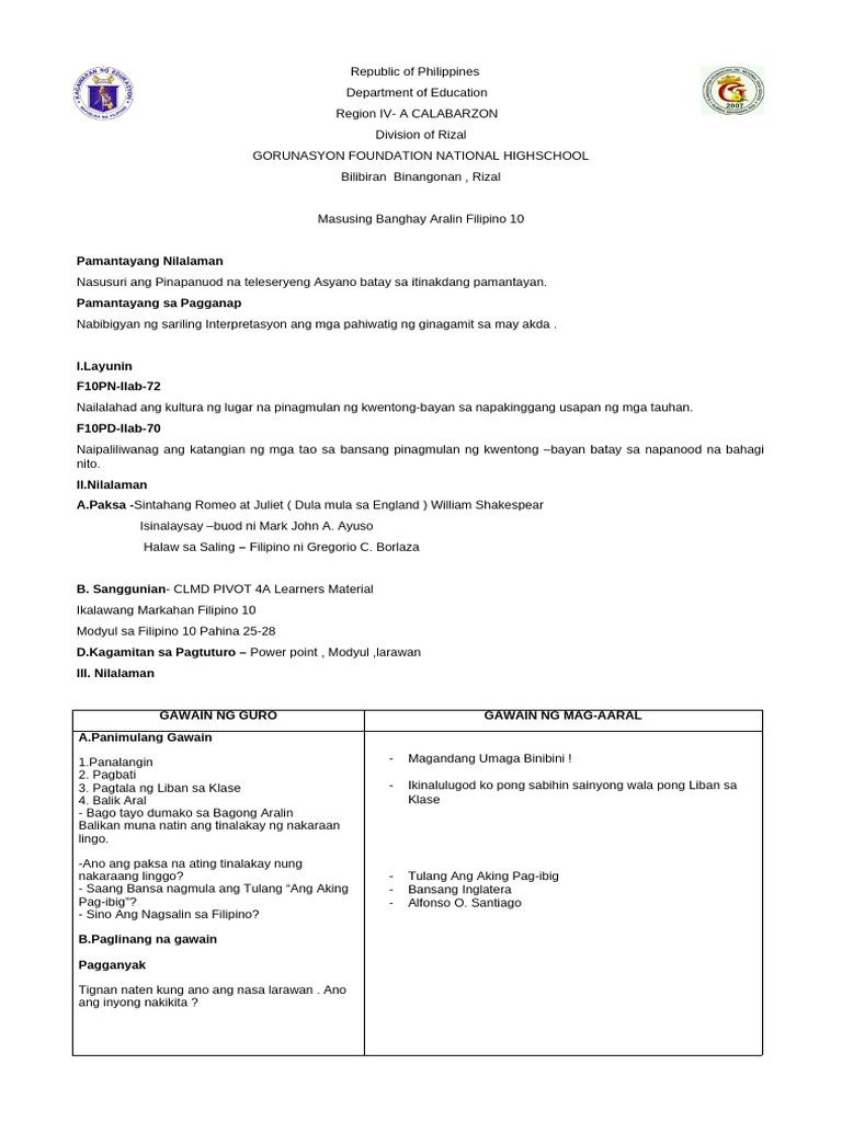 Dula Romeo at Juliet Lesson Plan Detailed | PDF