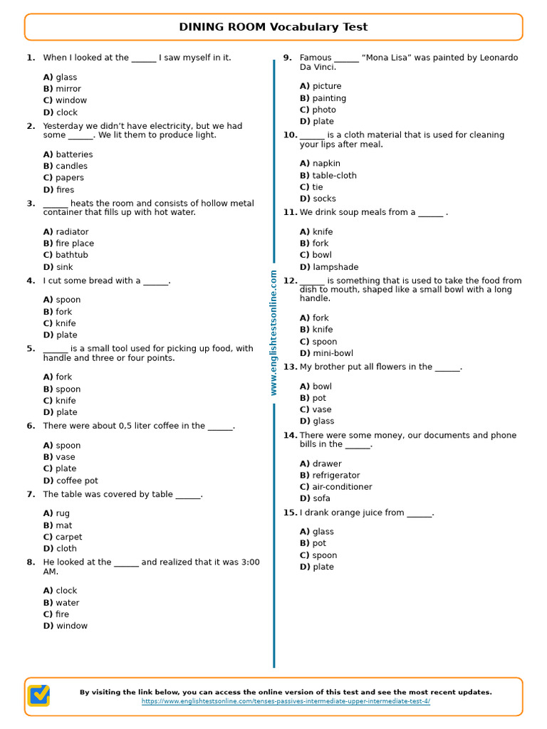 127 - Dining Room Vocabulary Test | PDF