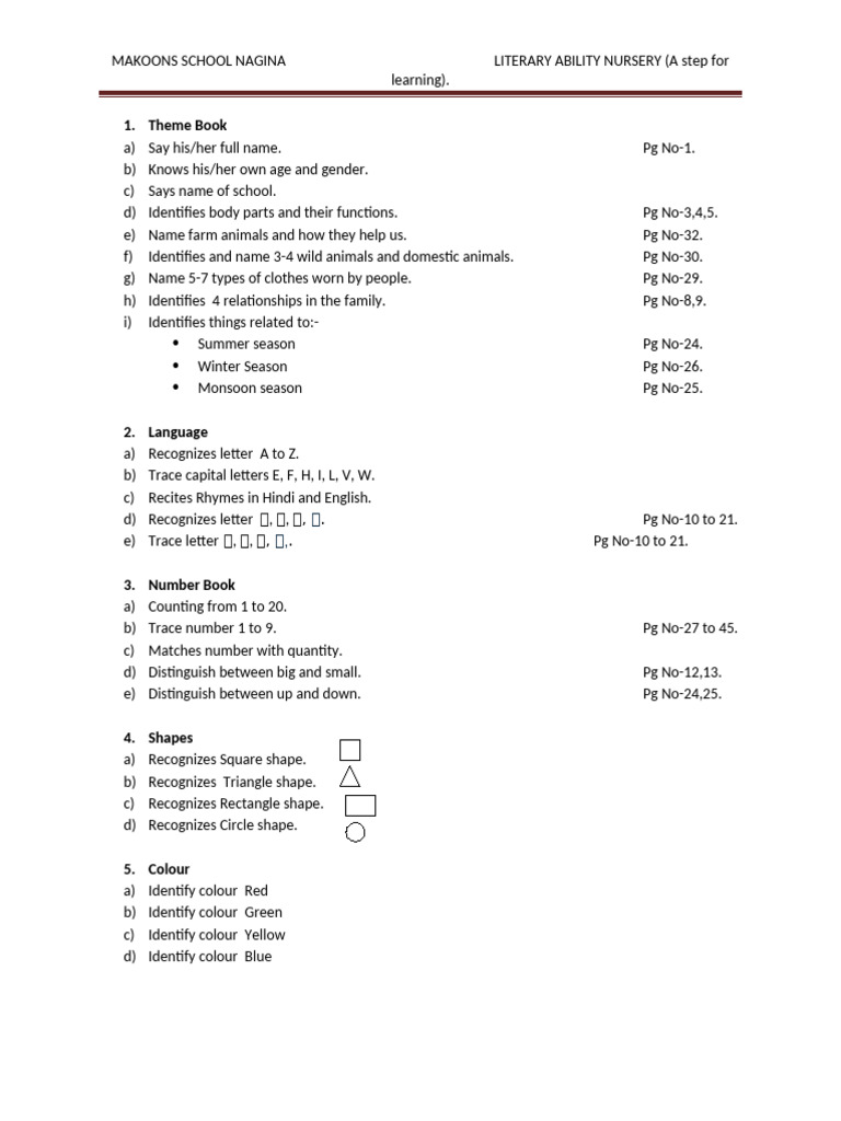 Makoons School Nursery Curriculum Guide | PDF