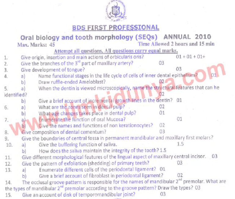 UHS Past Papers BDS Oral Biology and Tooth Morphology 2010 | PDF