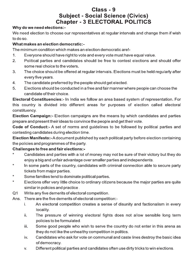 Class 9 Subject Social Science Civics Chapter 3 Electoral Politics | PDF