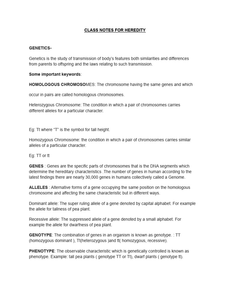 Heredity and Genetics Study Notes | PDF | Genotype | Dominance (Genetics)