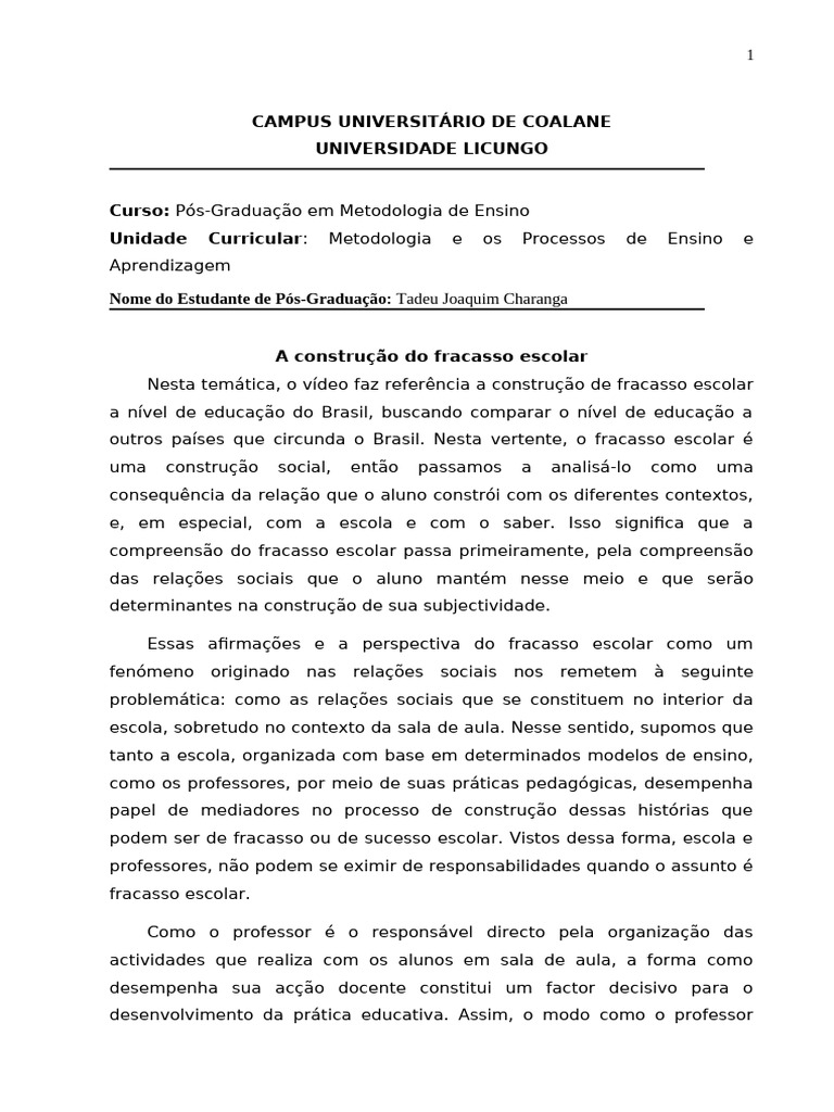Fracasso Escolar: Causas e Soluções | PDF | Aprendizado | Pedagogia