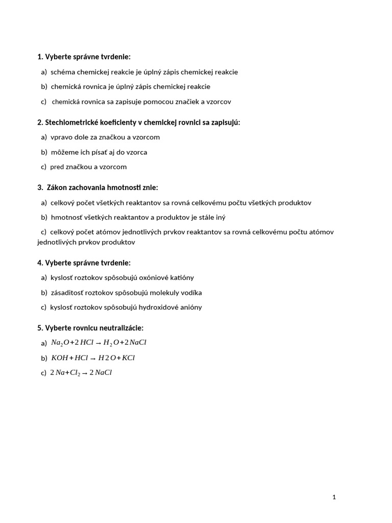 TEST - Chemické Reakcie A Rovnice, Neutralizácia, Redoxné Reakcie | PDF