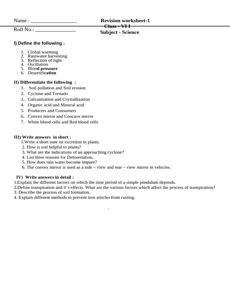 Class 7 Science Revision Worksheet-1 Final Exam | PDF