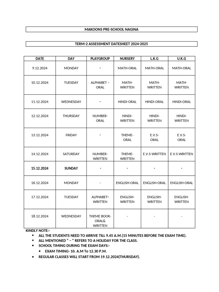 ASSESSMENT DATESHEET-term 2 | PDF