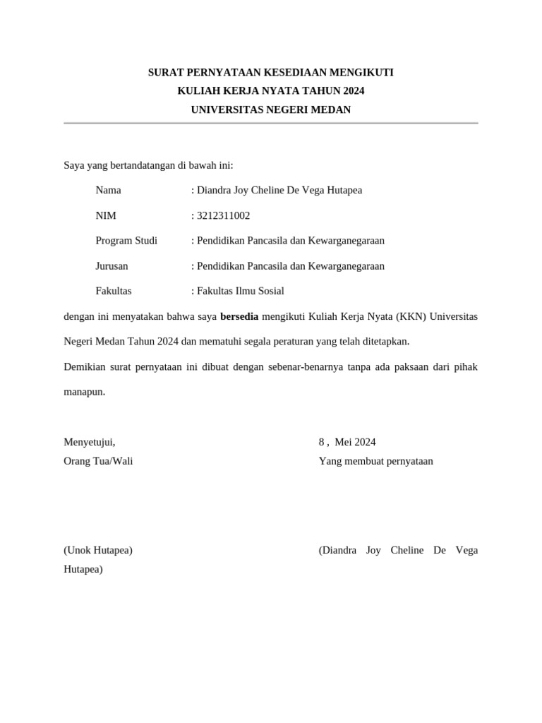 Template Surat Pernyataan Kesediaan Mengikuti KKN Tahun 2024 | PDF