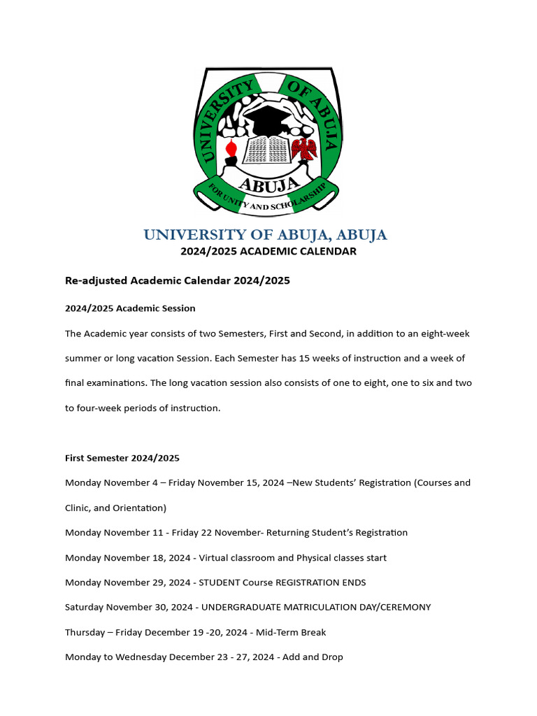 UNIABUJA Re-Adjusted Academic Calendar 2024-2025 | PDF