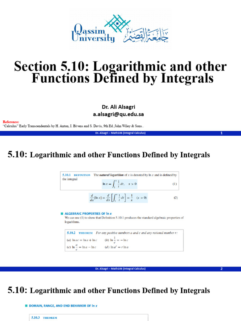 Sec 5.10 - Logarithmic and Other Functions Defined by Integrals | PDF | Mathematical Relations ...