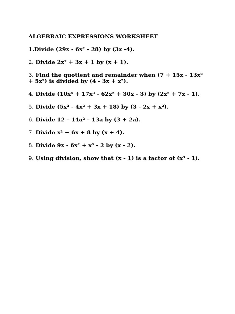 Algebraic Expression Worksheet | PDF