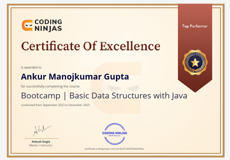 CertificateOfExcellence Bootcamp (Data Structure in Java) | PDF