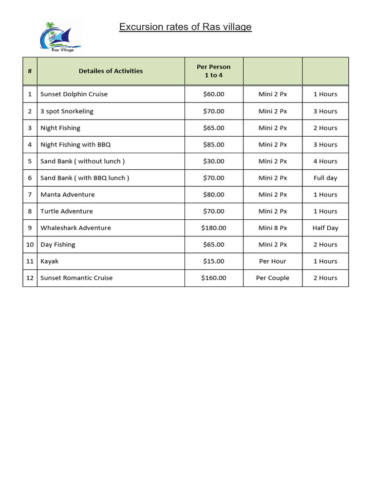 Rasvillage Excursions & Diving Price List | PDF | Scuba Diving | Diving ...